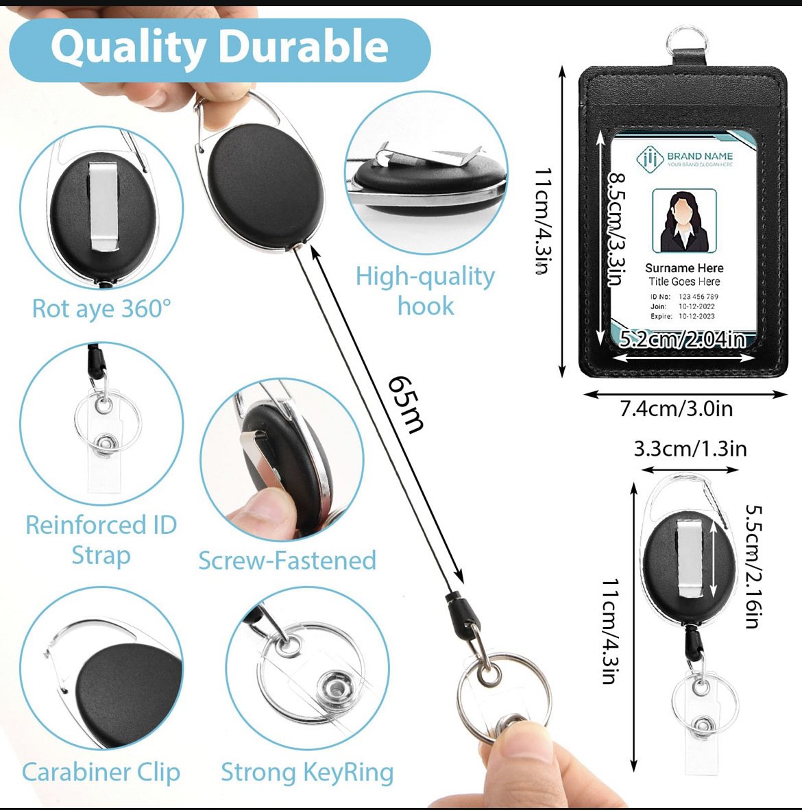 2PCs PU leather ID card holder access card cover can buckle retractable ...