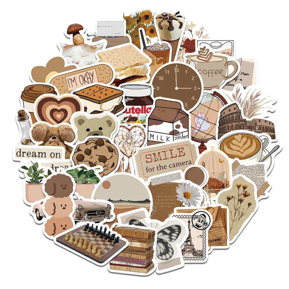 60pcs Brown Aesthetics Retro Creative Stickers Diy Computer Washi ...