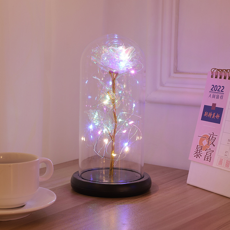 LED light glass cover ornament, gold foil rose gift box, eternal rose ...