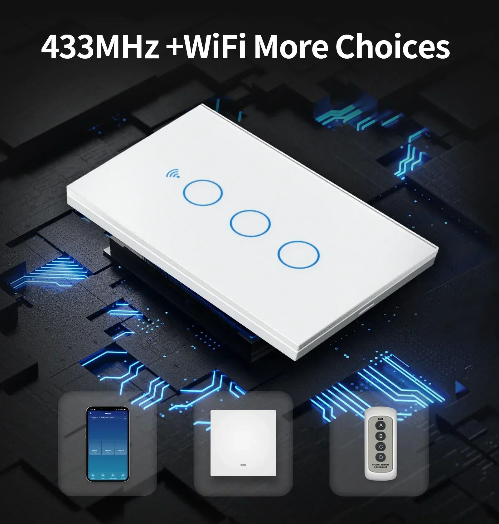 US Smart Wall Switch Compatible with Tuya, WiFi/Zigbee/RF433, 1/2/3/4 ...