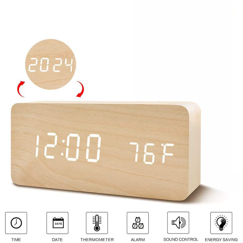 Digital Alarm Clock Wooden LED Table Clock with Temperature for Bedroom ...