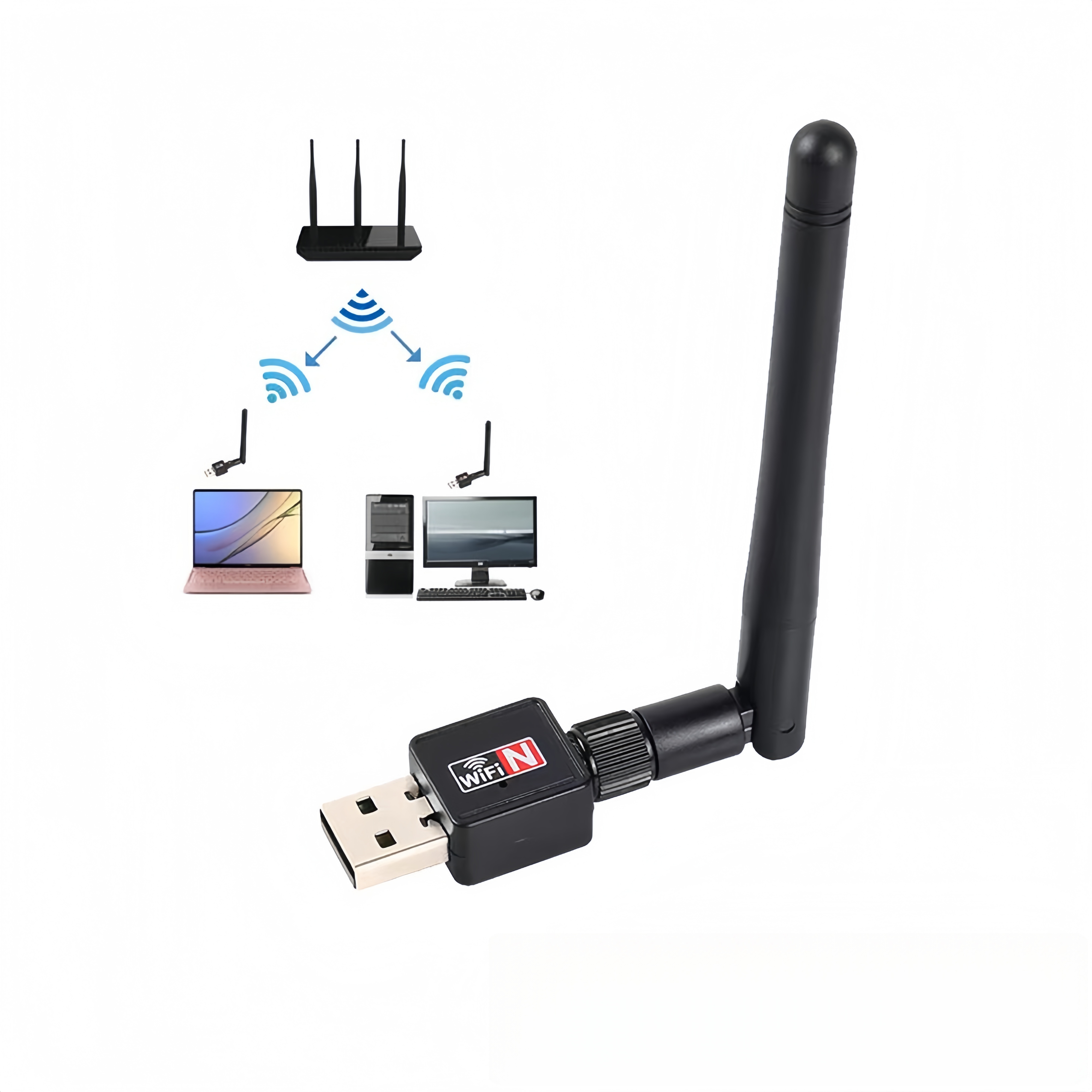 Mini USB WiFi Adapter - Wireless Network Card, LAN Wi-Fi Receiver Dongle with Antenna for PC ...