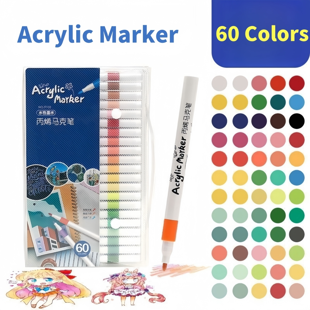 60 Acrylic Marker Pen Stackable Non-Transparent Paper Watercolor Pen ...