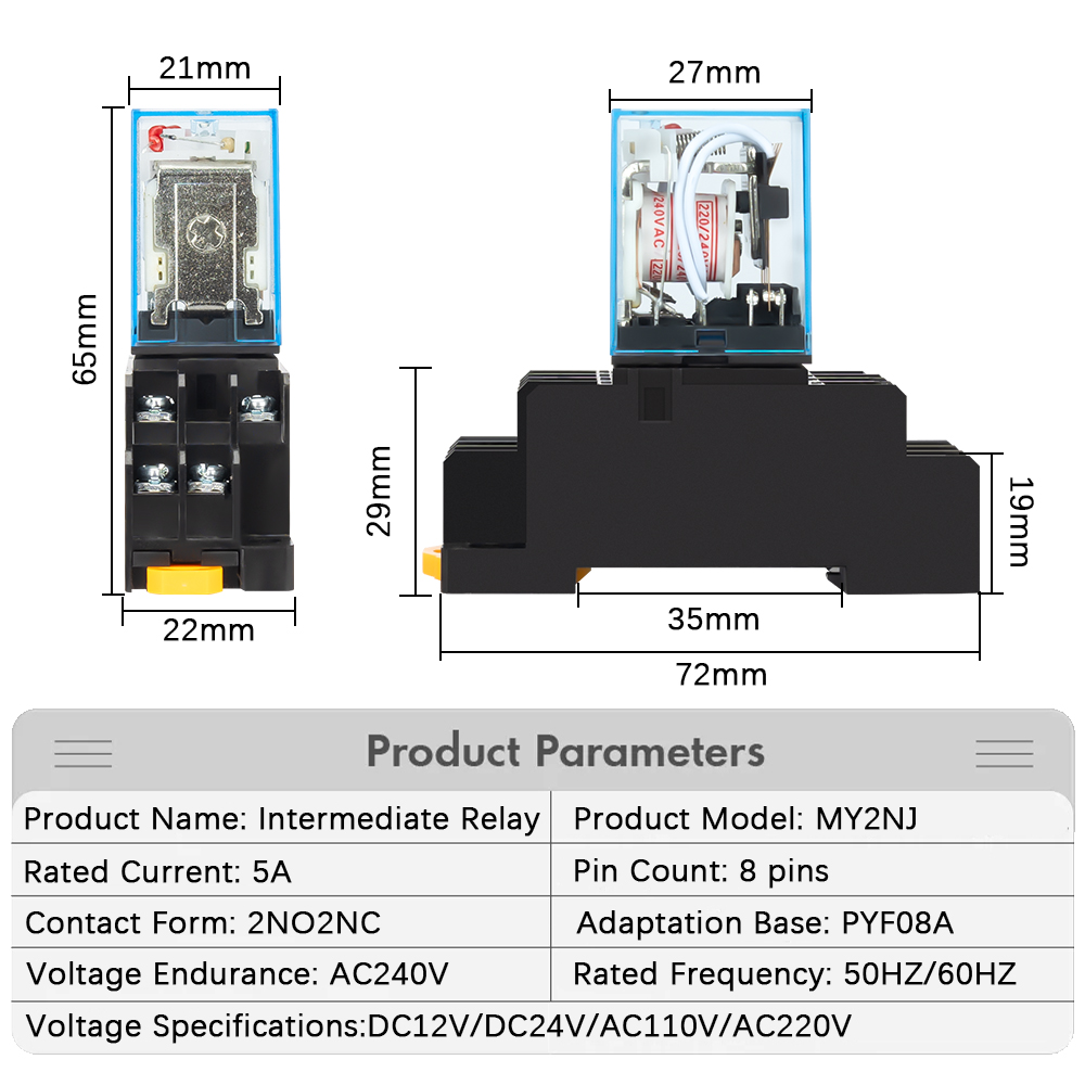 MY2NJ DIN Rail Small Electromagnetic Relay Coil Power Relay DC12V DC24V AC24V AC110V AC220V With ...