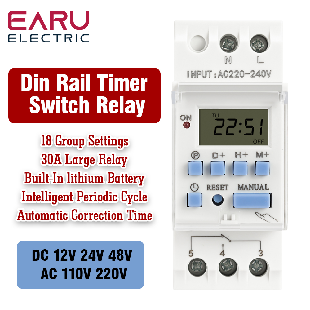 Din Rail Thc 15a New Type 2 Wire Weekly 7 Days Programmable Digital Time Switch Relay Timer
