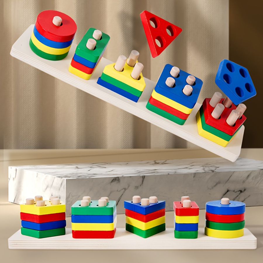 Five Sets Colorful Geometric Shape Column Matching Building Blocks ...