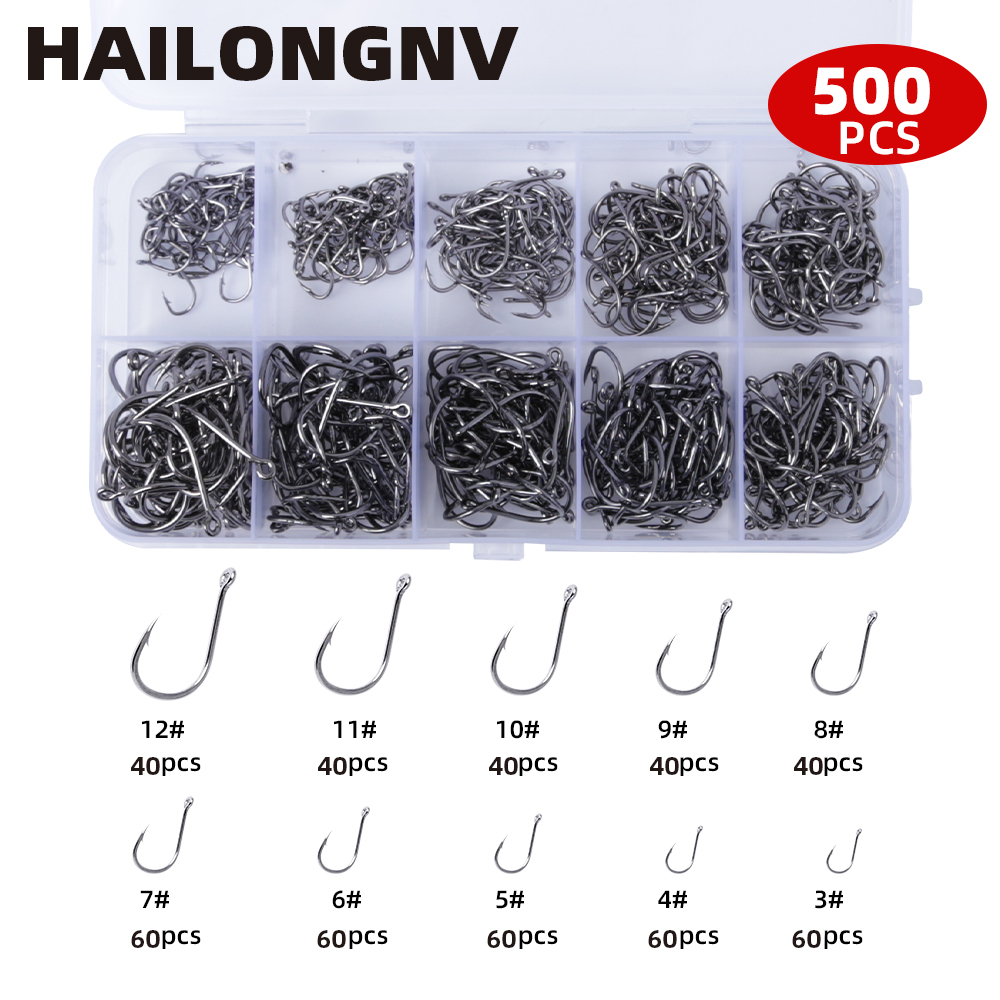 500 Pieces Boxed Iseni Fish Hook No. 3-12 Set with Barb Carp Grass Carp ...