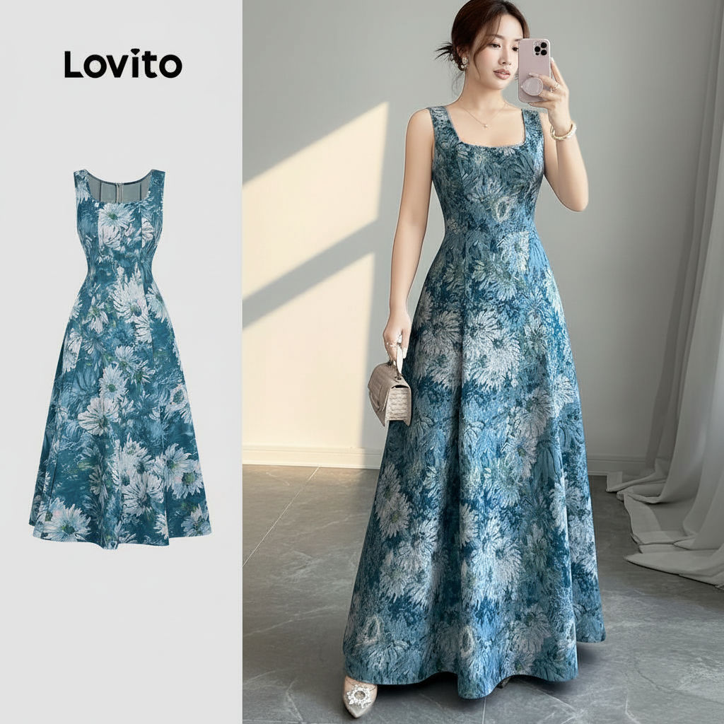 Lovito Elegant Women Blue Dress Zipper for Spring Summer LBL31060 ...