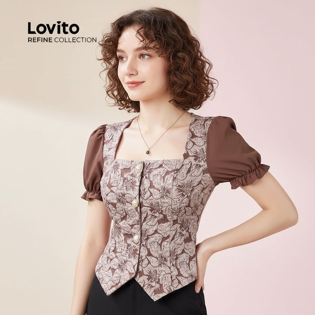 Lovito Refine Women's Elegant Blouse Jacquard Fabric Stitching ...