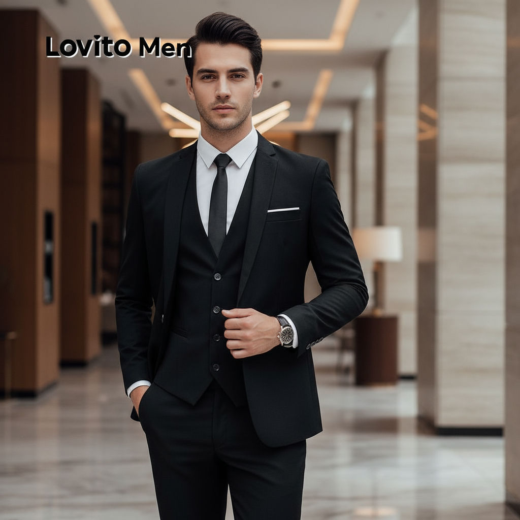 Lovito Men's Refined Suit Set with Pocket All Season Black Suit Set ...