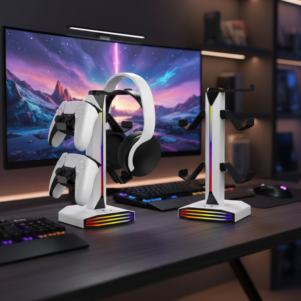White RGB Gaming Headset Stand with 7 LED Modes - Rotating Headphone ...
