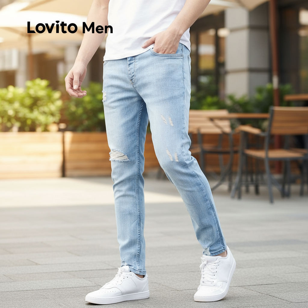 Lovito Men's Everyday Jeans with Distressed Pocket Design, Blue ...