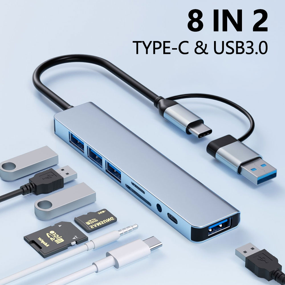 USB Hub Aluminum 8in1 Extender with SD/TF Card Reader Headphone Jack ...