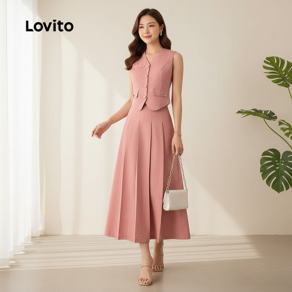 Lovito Elegant Women's Plain Pleated Button Top for Summer/Spring ...