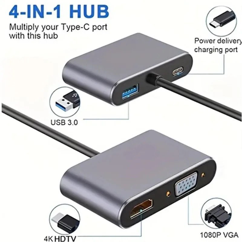 4-in-1 Type-C Hub with 4K HDMI VGA USB C Port Digital AV PD Adapter ...
