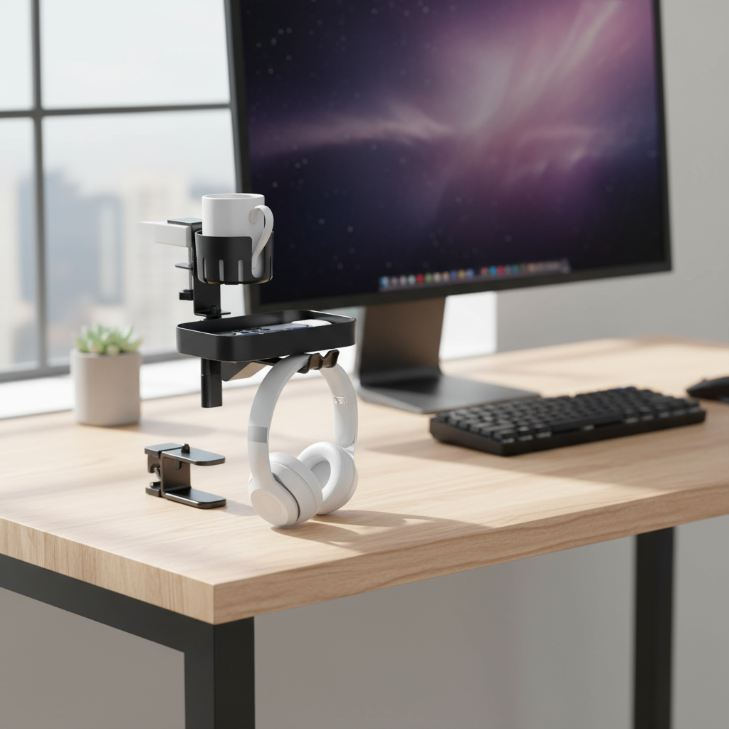 3-in-1 Desk Cup Stand - Swivel Headphone Rack with Cup Holder - Clamp ...