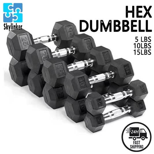 Hex Dumbbell 5/10/15LBS Rubber Coated Dumbbells with Metal Handle for ...