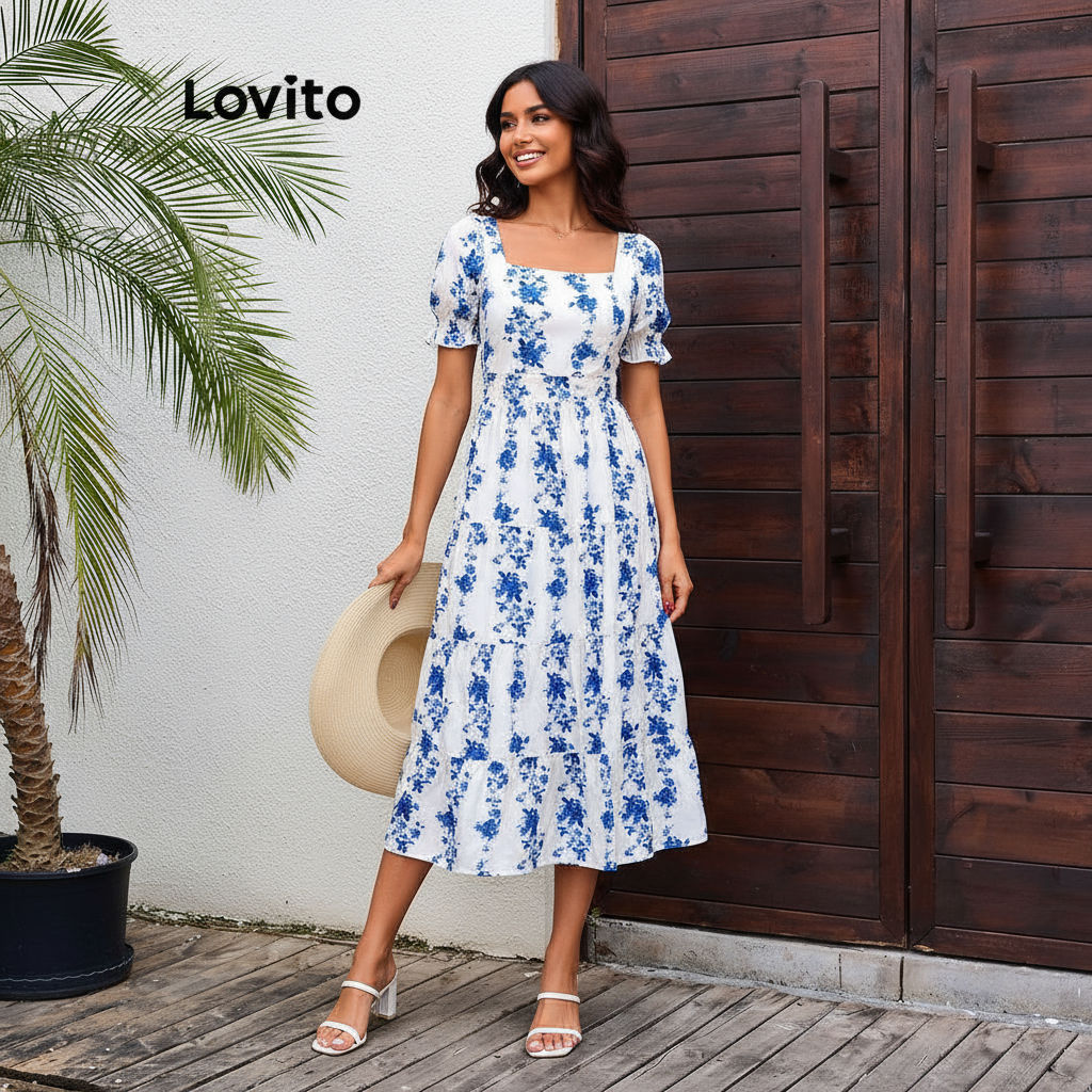 Lovito Women Boho Ditsy Floral Structure Line Puff Sleeves Dress ...
