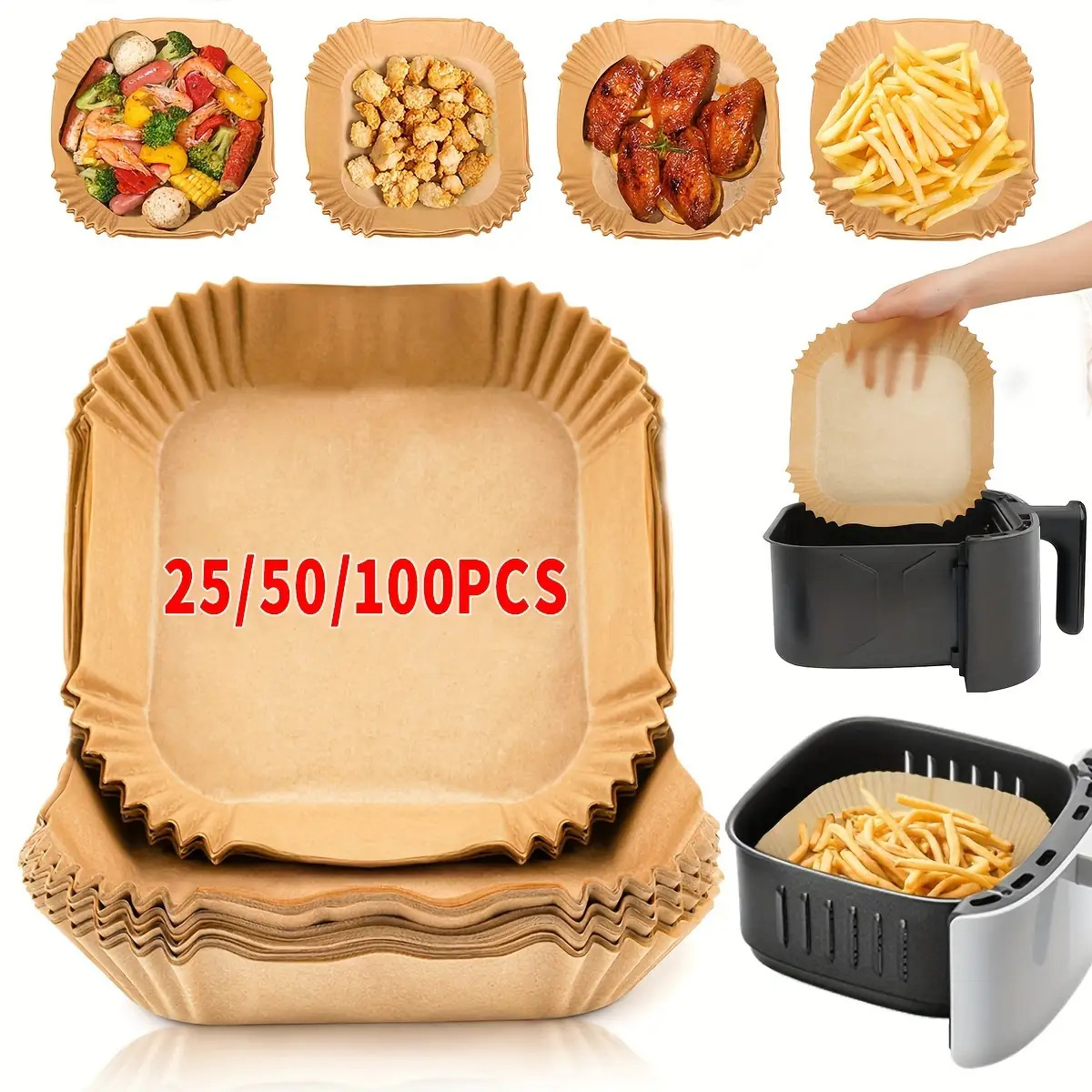 100/50/25 Brown Paper Air Fryer Liners - 7.87 Inch Square Non-Stick ...