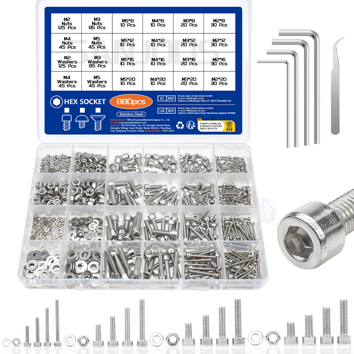 High-Quality 304 Stainless Steel Hex Socket Head Screw Set - 880Pcs M2 ...