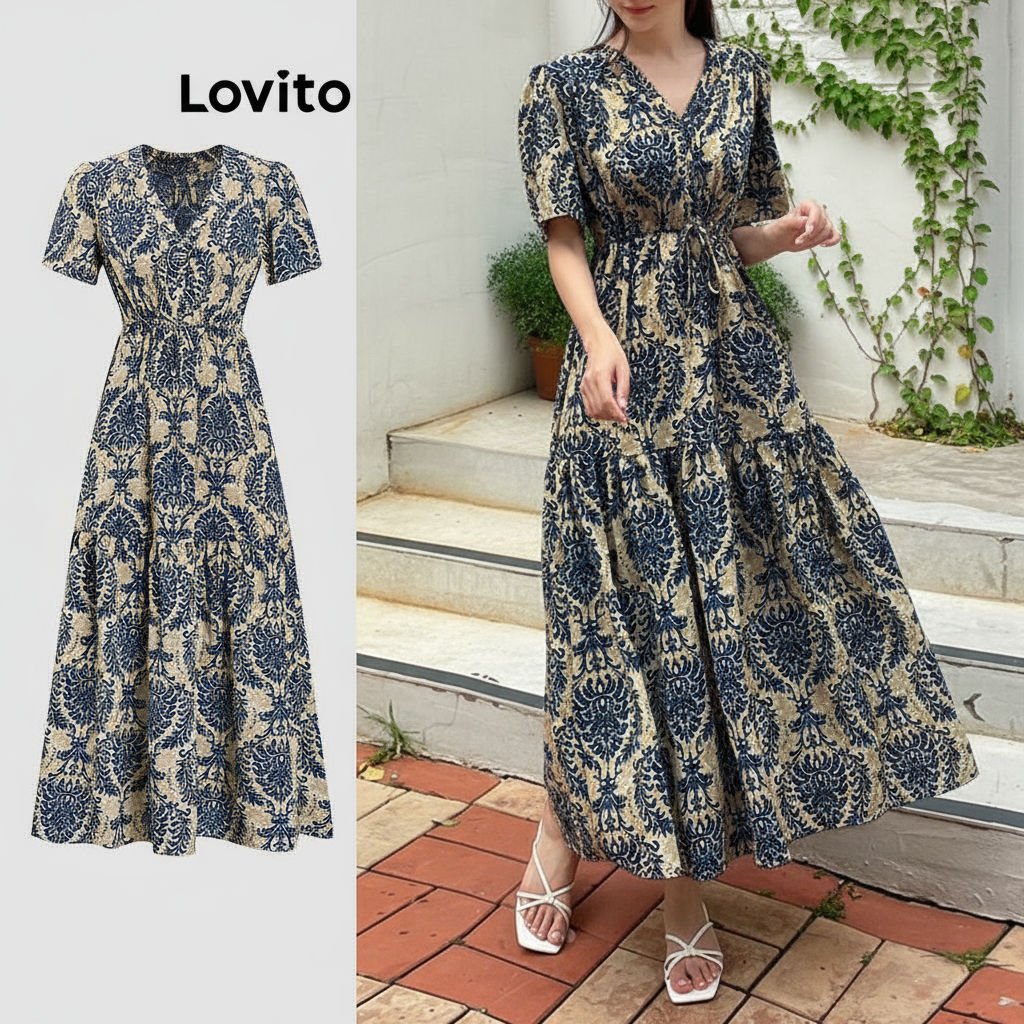 (Trendy2) Lovito Women Boho Tribal Print Bow Front Tiered Layer Dress ...