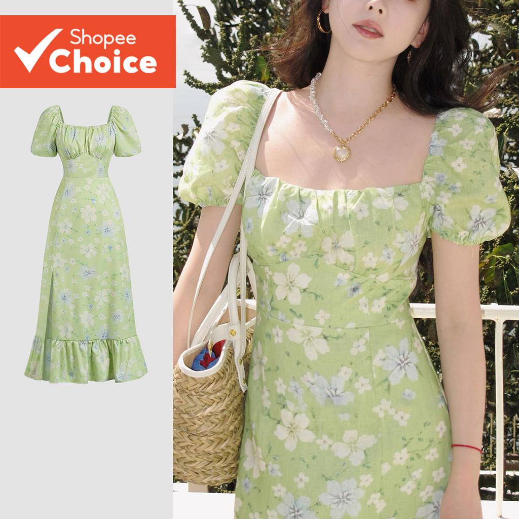 Women Boho Dress Split Ruffle Hem Ruched Spring summer Green Dress