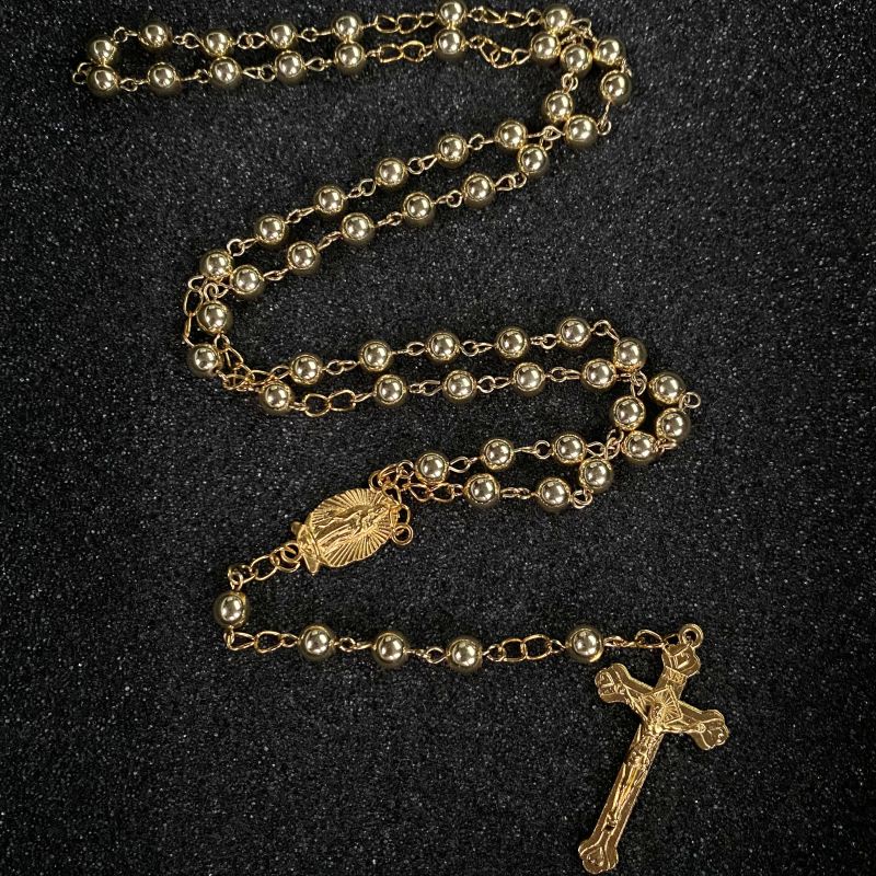 Religious Metal Gold Color 6mm Hematite Beads Chain Our Lady of ...