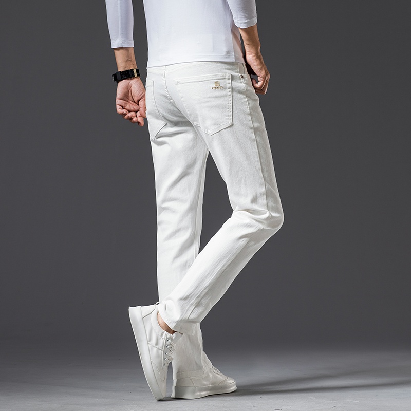 Solid Ivory White Pants for Men Stretch Cotton Chinos Long Trousers ...