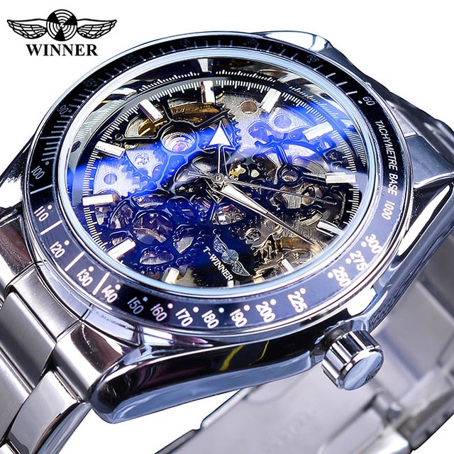 T-Winner watch Blue Glass Gear Movement Transparent Mens Automatic ...