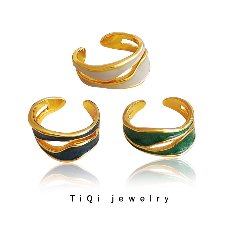 Vintage Hong Kong Style Oil Drip Ring Unique Irregular Double-Layer ...