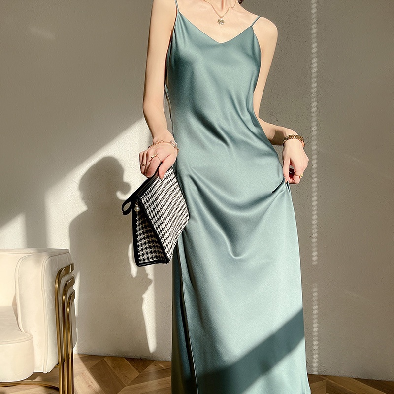 Satin Sexy Strap Dress Women's Mid Length Underlay Solid Color Underlay ...