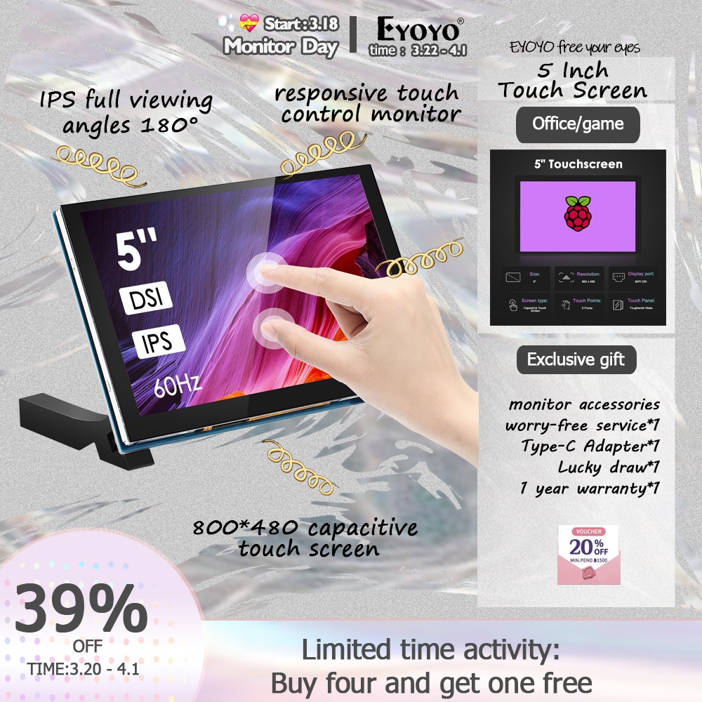 Eyoyo Raspberry Pi 4B/3B+/3B/3A+/2B/B+ Touchscreen Monitor 5 Inch ...