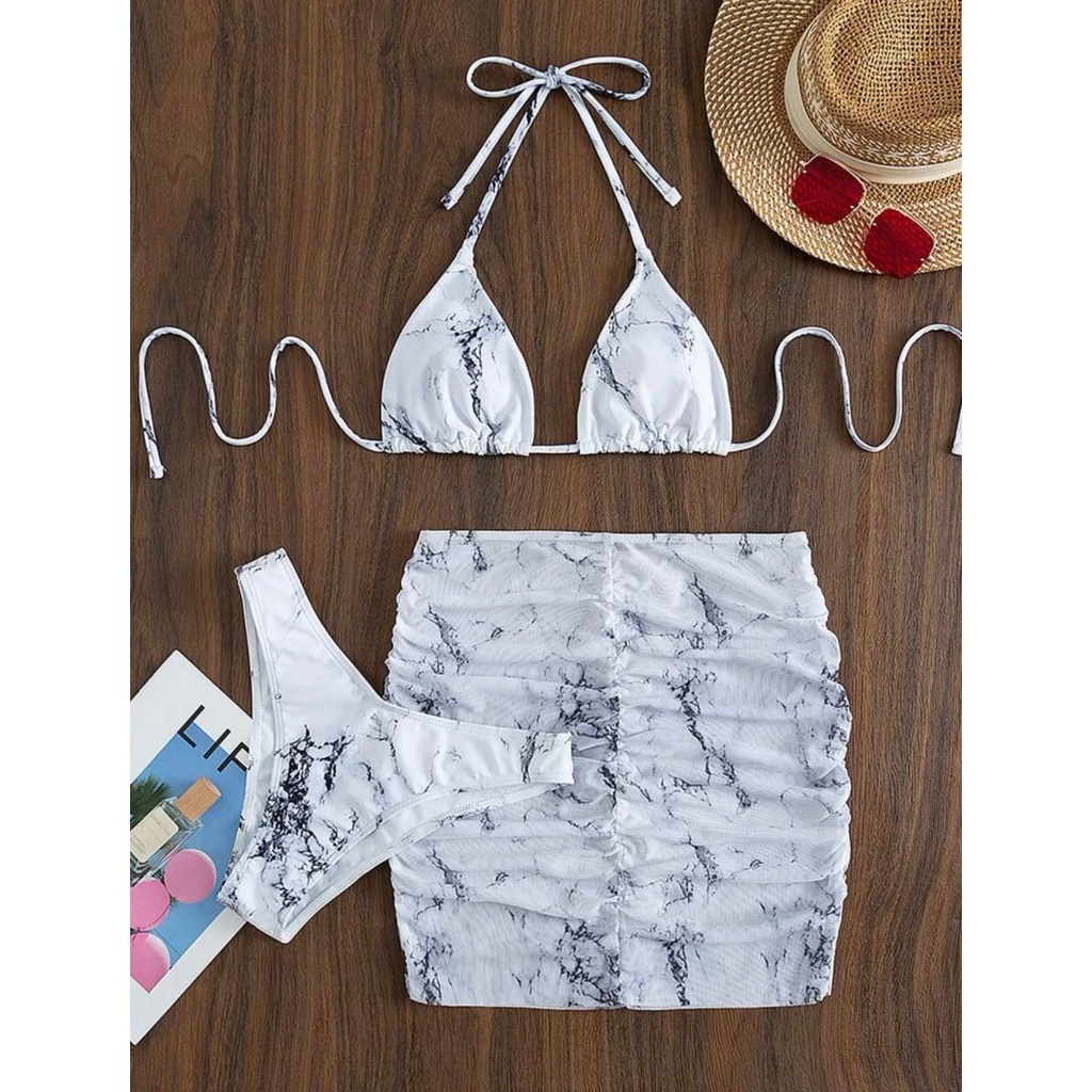 New Woman Marble Printing Swimweare Three-Piece Bikini Set | Shopee ...