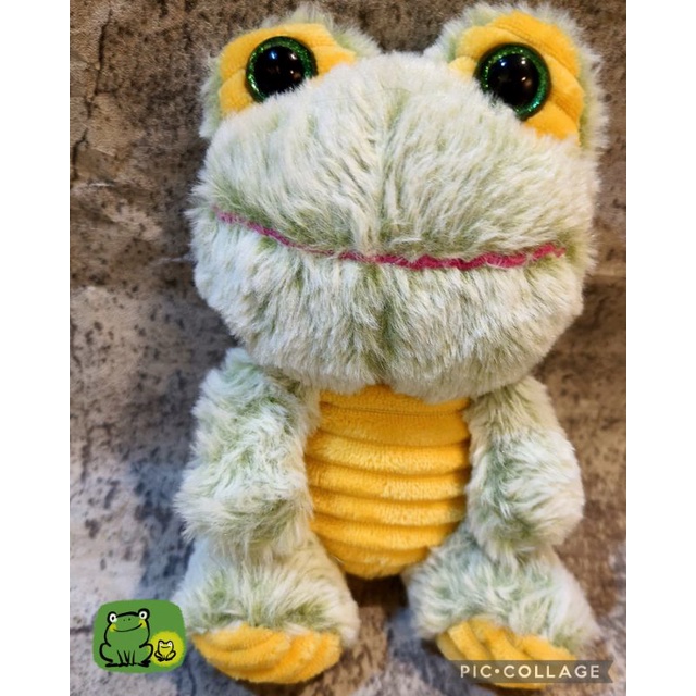 Green Frog With Glass Eyes Furry With Yellow Belly/Cute 7 Inches ...
