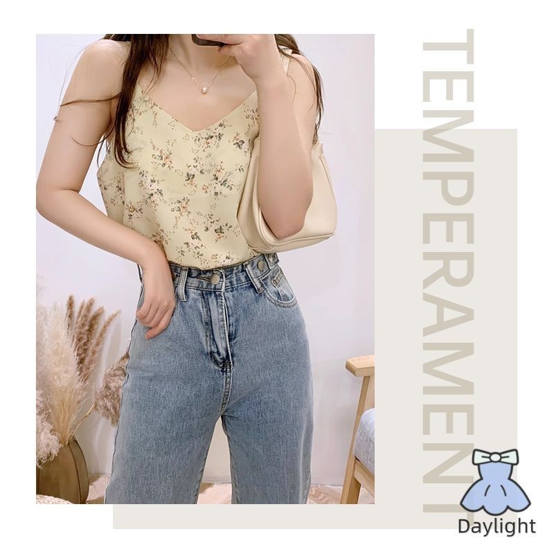 Sexy Floral Sling Vest V-Neck Double Layer Bottoming Loose Chiffon Top ...