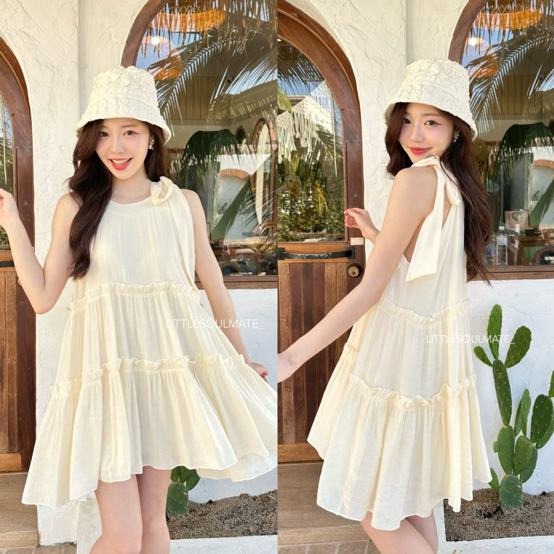 littlesoulmate Short Dress Cream Color Bow Tie Korean Style Soft Cotton ...