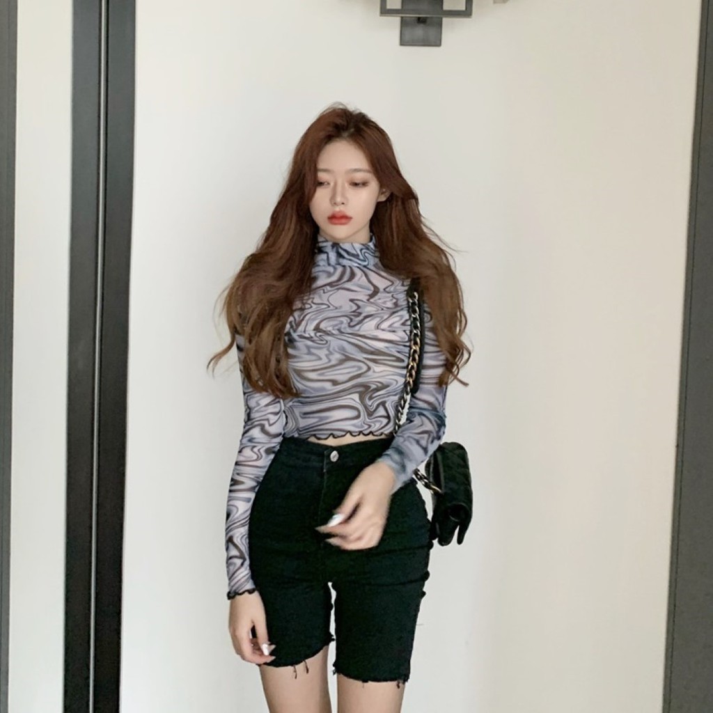 High Neck Long Sleeve See-Through Blouse Blue Watermark Fashion Latest ...