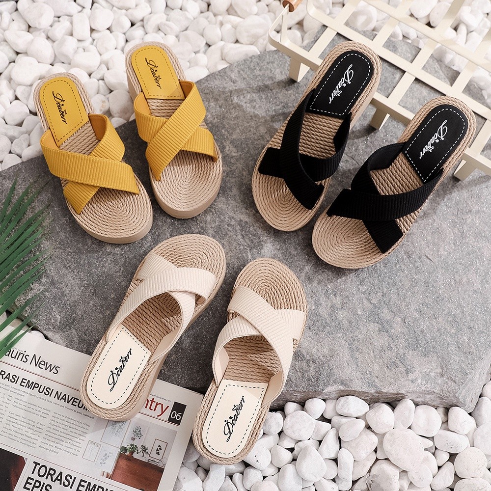 Foam-Sole Sandals Wedge-Heeled 3-Color Braided Rope Soles With Cross ...