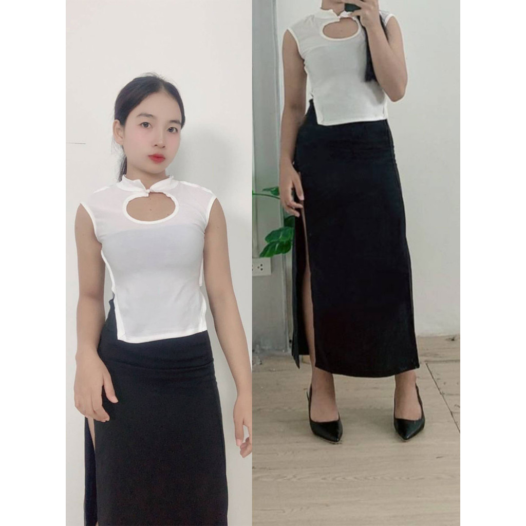 New Chinese Style Set High-Necked Shirt With Buttons Sexy Side Slit ...