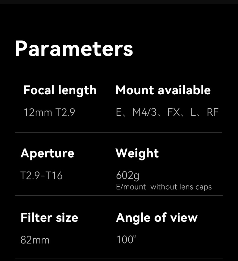 7Artisans 12mm T2.9 APS-C Wide Angle Cine Lens For E / FX / RF / Z / L ...