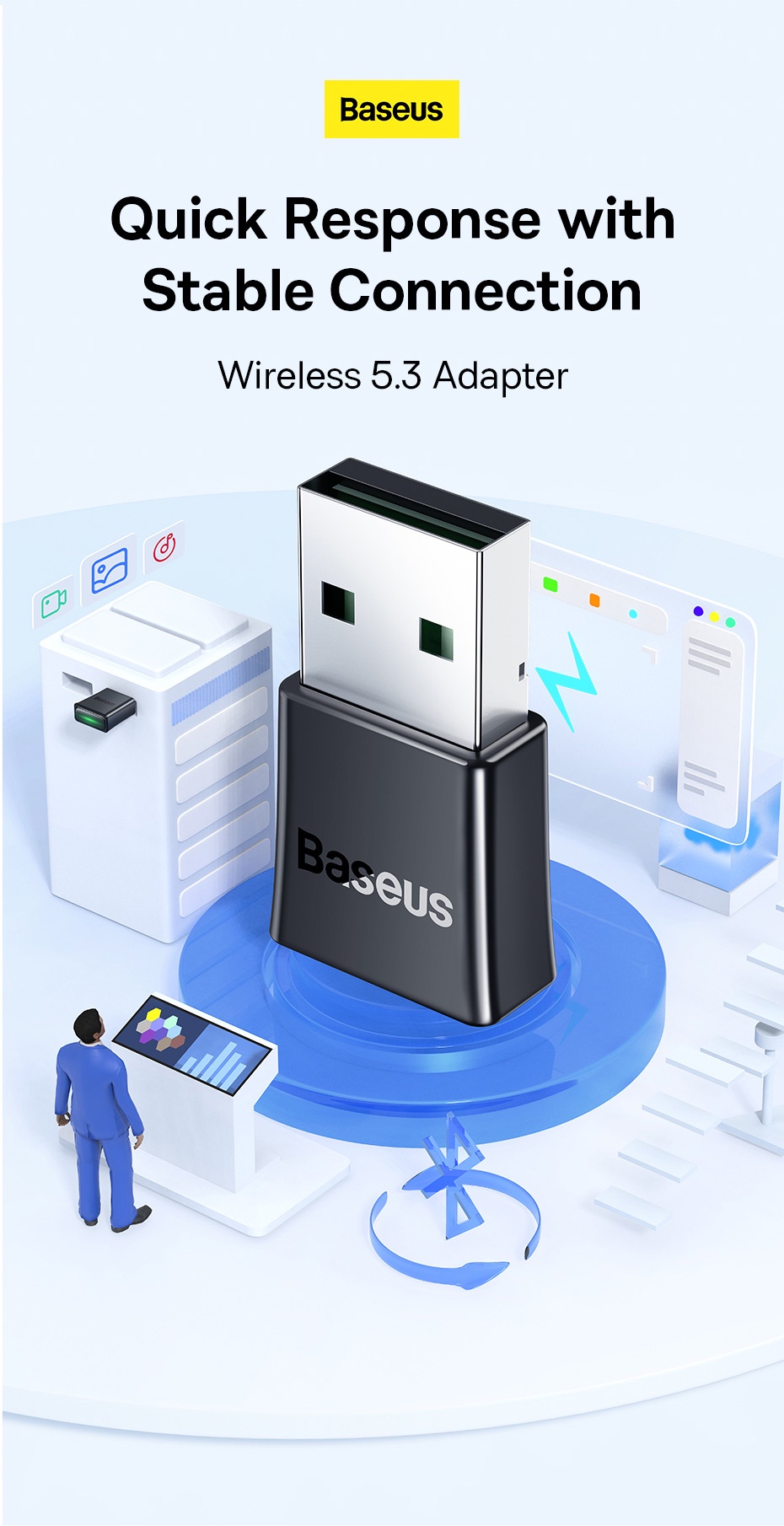 Baseus BA07 USB Bluetooth Adapter Bluetooth 5.3 For PC Laptop Wireless ...