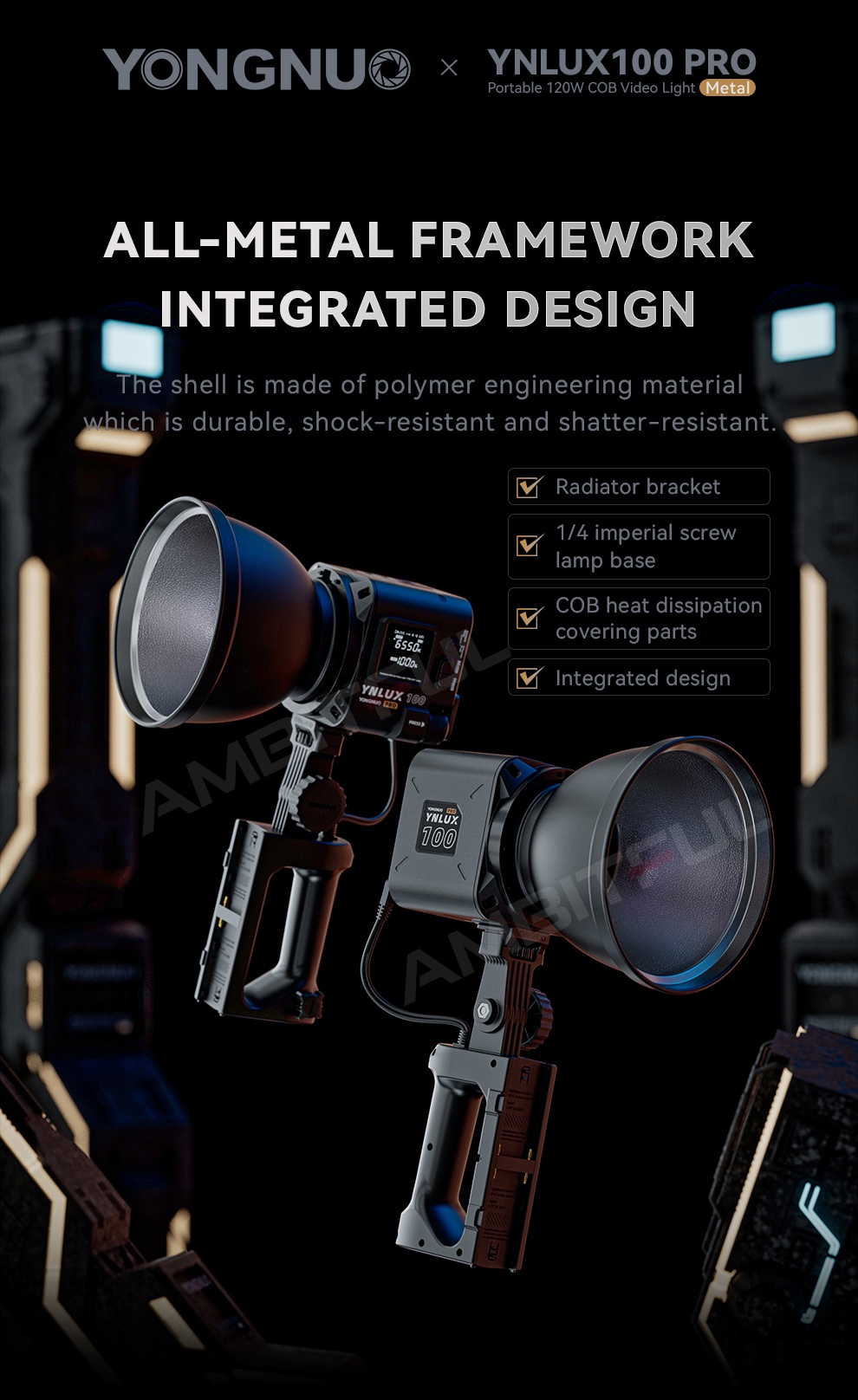 Yongnuo YNLUX100 LED COB Light 3200K-5600K Video Light Bowen Mount 100w Portable Outdoor Lamp 2 ...