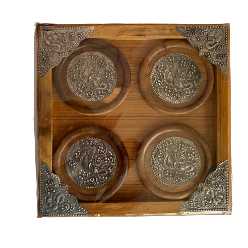 Golden Teak Wood Coasters Thai Elephant Pattern Wooden/coaster Set Of 4 ...