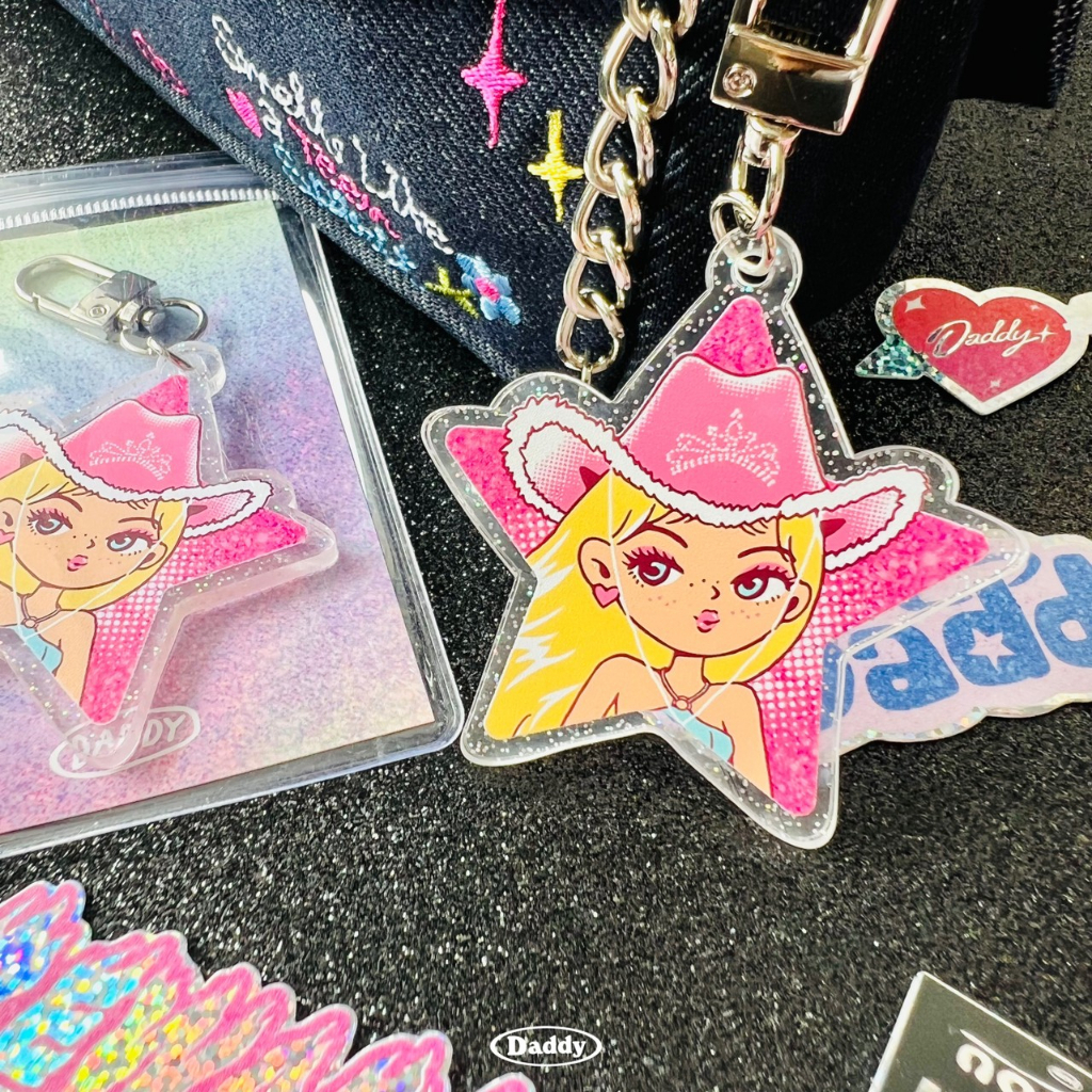 DADDY | Cowgirl Keychain Pink Glitter Acrylic Star Pattern Super Cute ...