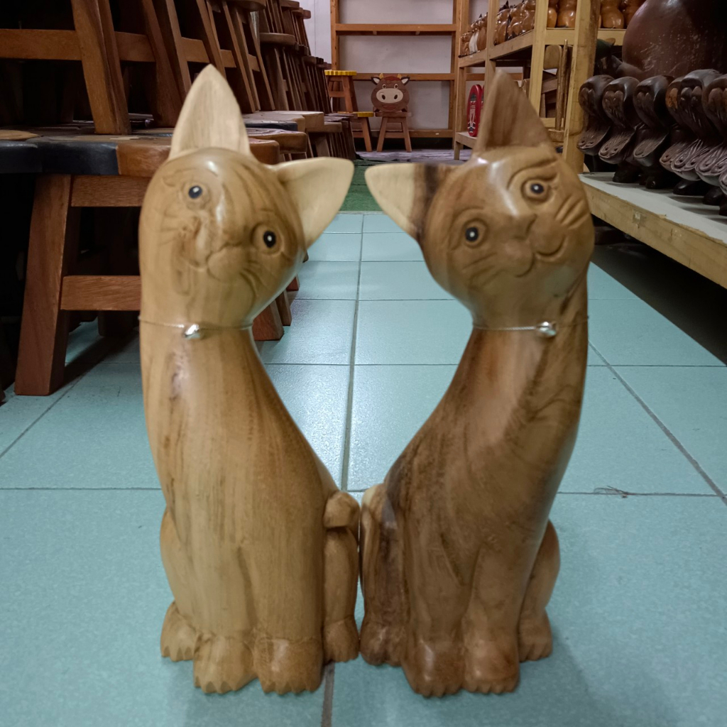 Wooden Cat Carved Double Sitting On The Neck Craftsmanship Made Of ...