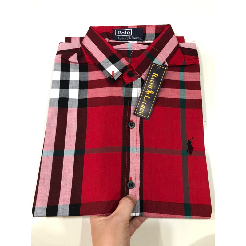 Red Polo Shirt With Plaid Pattern Long Sleeves 100% Cotton Good Quality ...