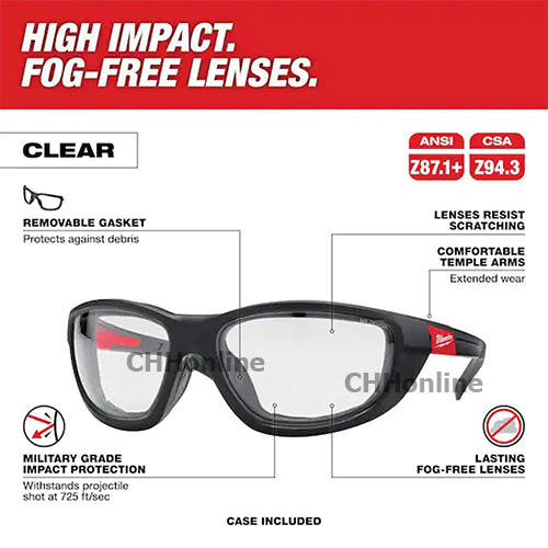 MILWAUKEE Safety Goggles Glasses With Frame Fitting Clear Lens Model 48 ...