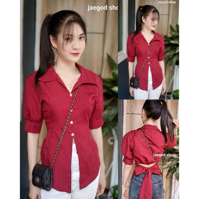 Pearl Button Back Collar Shirt With Bow Tie | Shopee Philippines
