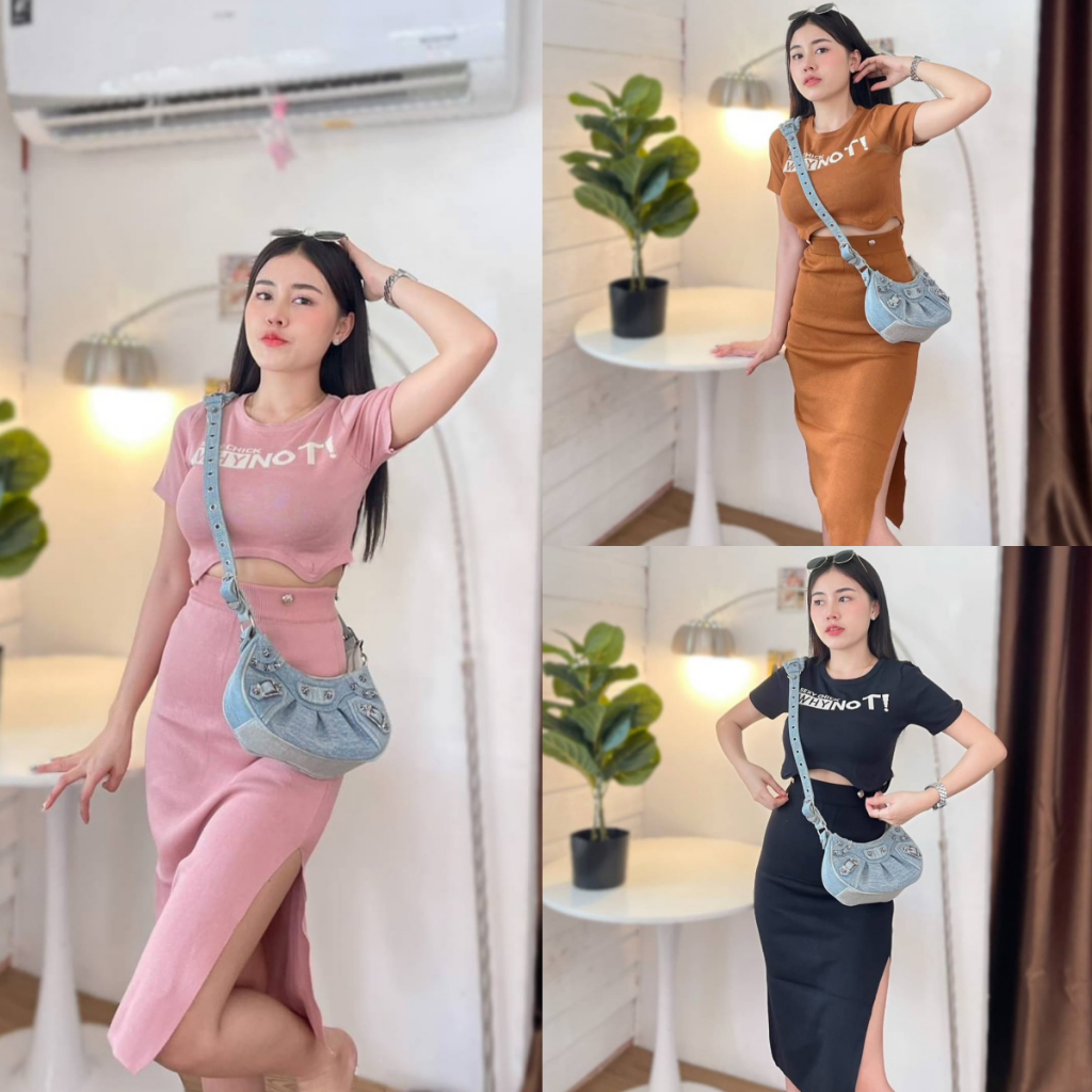 SpinnyHouse 2-Piece Set Crop Top Screen Pattern + Side Slit Skirt Cute This Model Has A Weaving ...