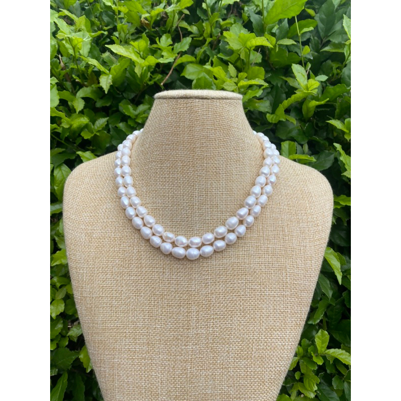 White Pearl Necklace Model 2 String Oval Real With Leaves (Length To ...